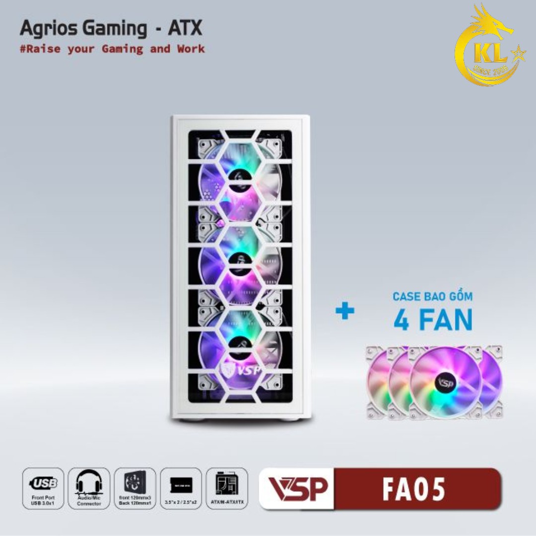 Vỏ Case Máy Tính VSP Gaming FA05 - Trắng + 4Fans Led | MaytinhKimLong.com